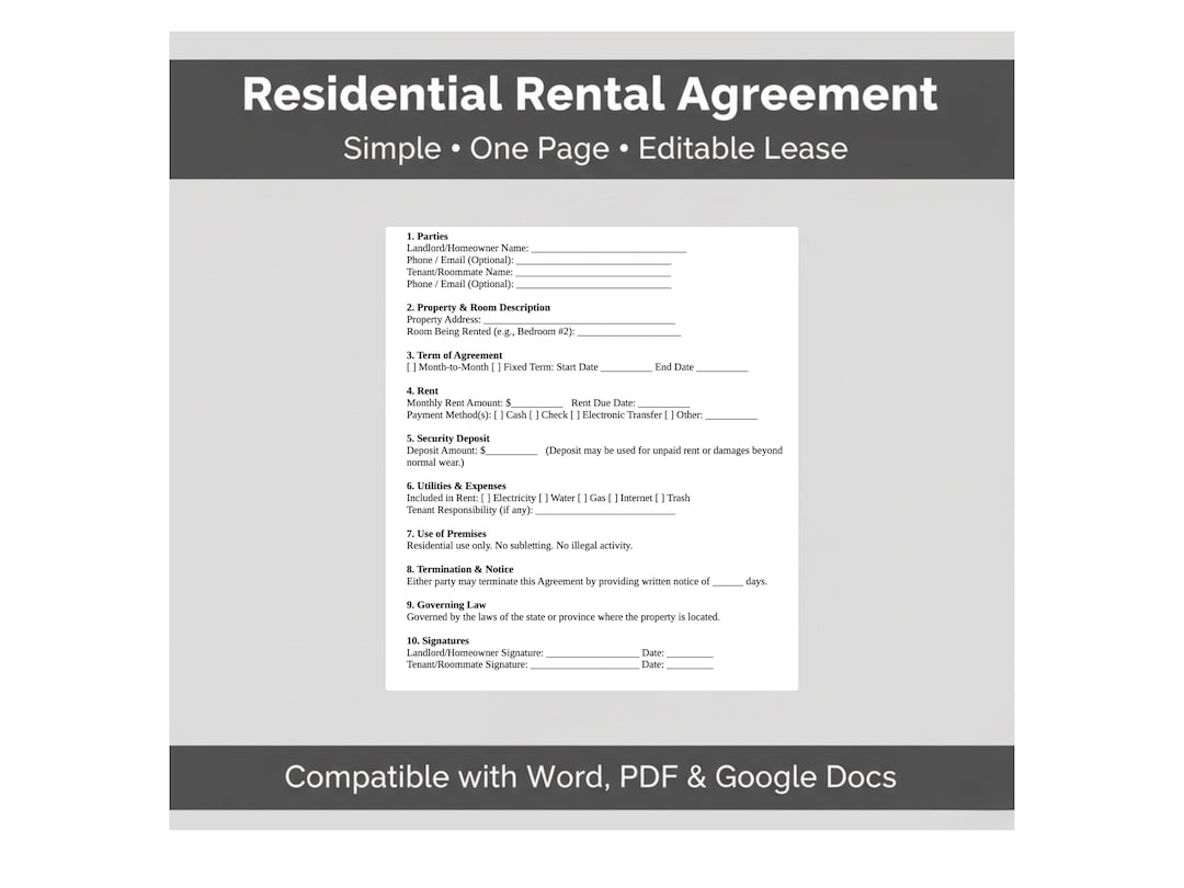 Simple Residential Rental Agreement – One Page Lease Template (PDF ...