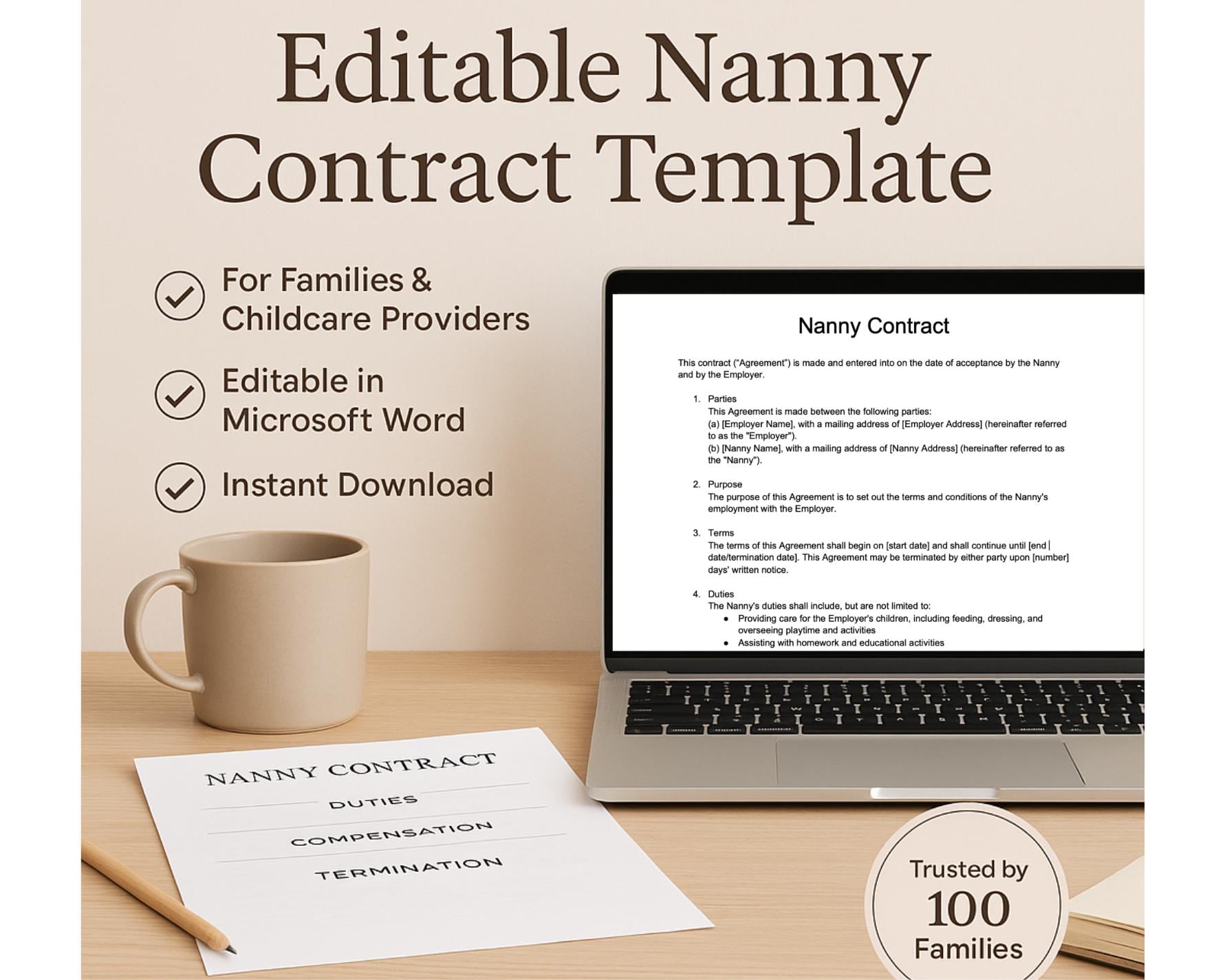 Editable Nanny Contract Template: Babysitter Employment Agreement (MS ...