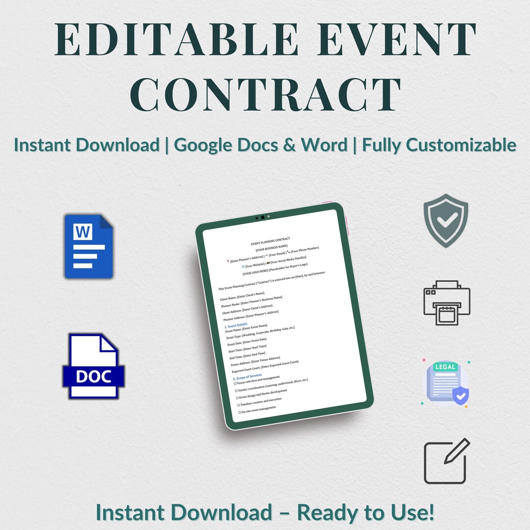 Editable Private Event Contract Template, Customizable Vendor Agreement ...