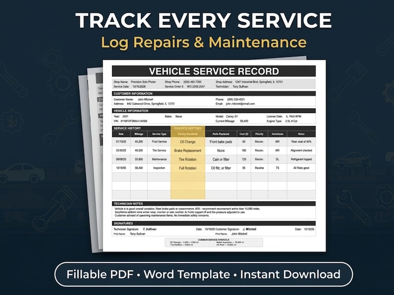 Vehicle Service Record Template – Car Service History Log Spreadsheet ...