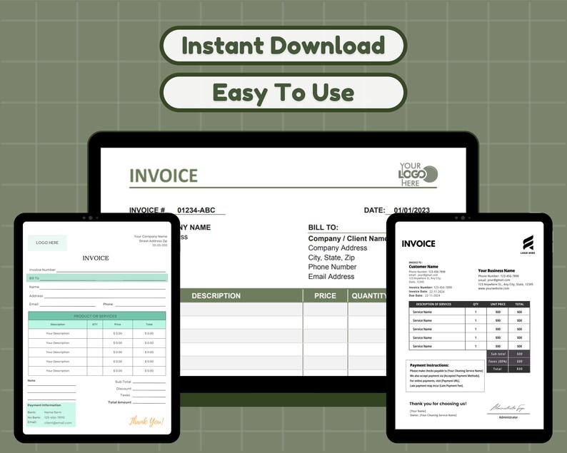 Invoice Template, Editable PDF Word Docs Google Sheets Template Bundle ...