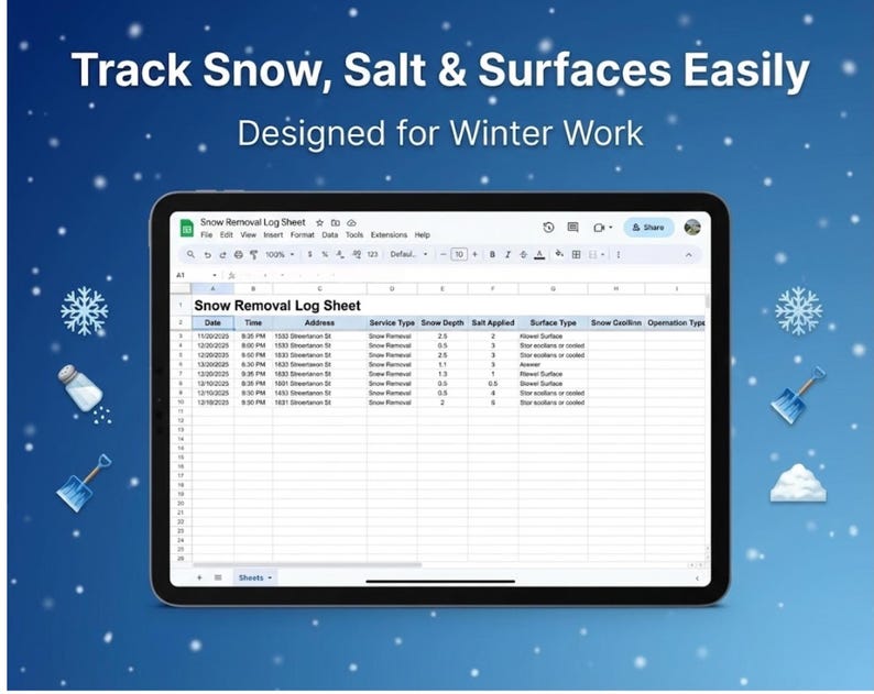 Snow Removal Log Sheet Template – Snow Plow Service Log Spreadsheet ...