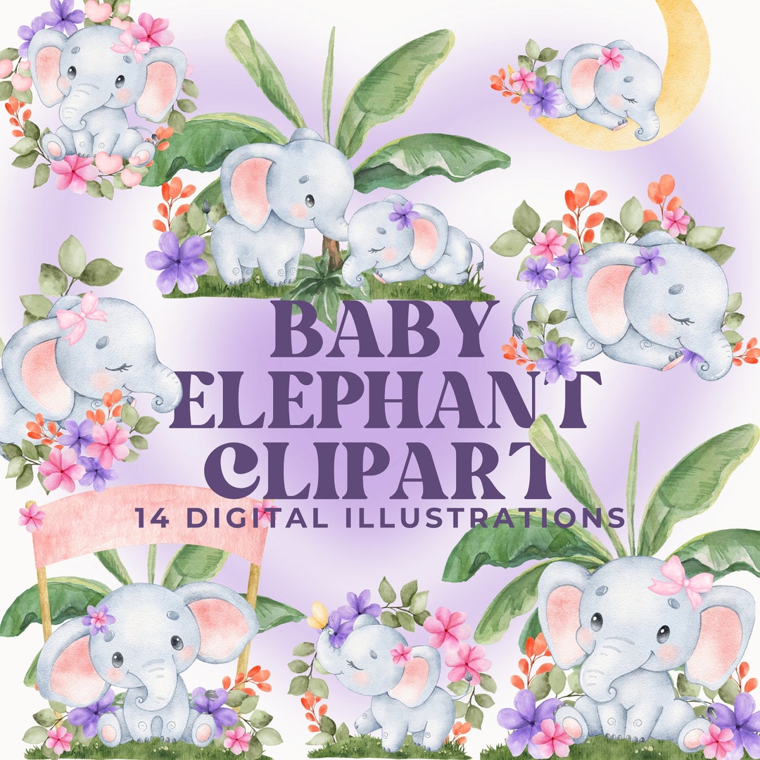 Baby Elephant Purple Flowers, Purple Elephant Baby Shower, Elephant ...