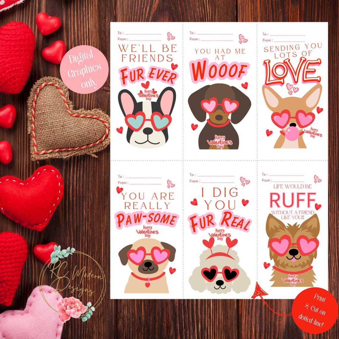 Kid Valentine Cards, Dog Valentines Day, Puppy Heart Glasses, Printable ...