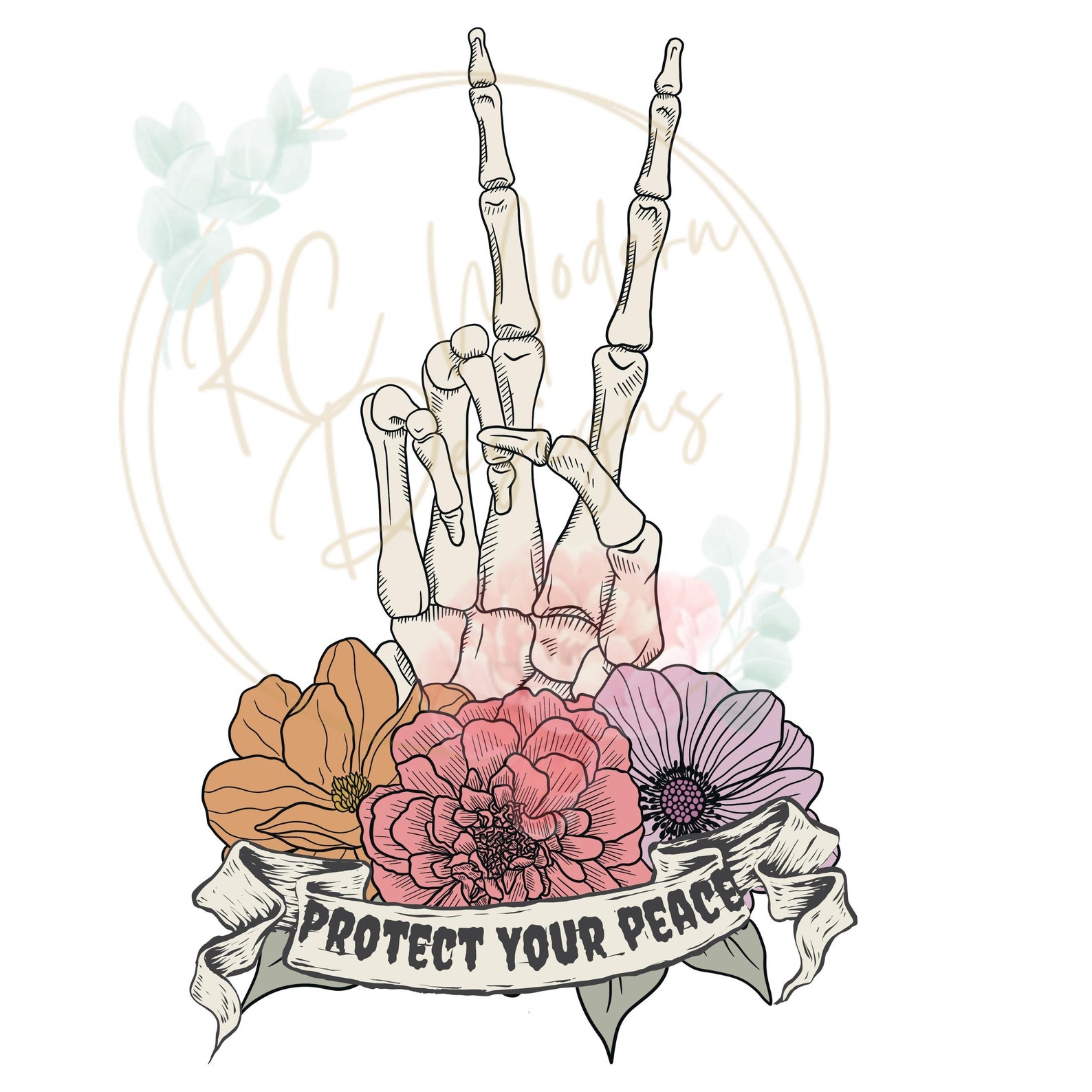 Protect Your Peace Png, Flower Skeleton Png, Peace Sign Skeleton Hand ...