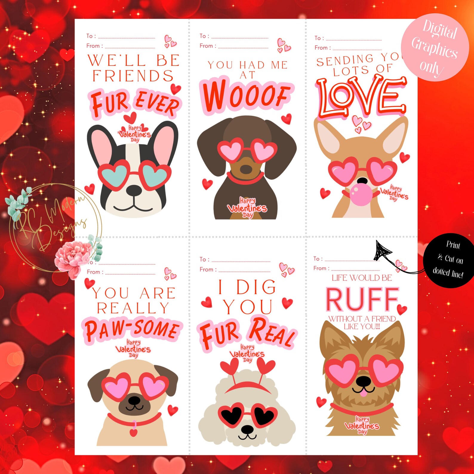 Kid Valentine Cards, Dog Valentines Day, Puppy Heart Glasses, Printable ...
