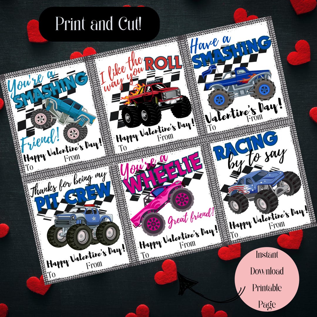 Kid Valentine Cards, Monster Truck Valentine, Boy Valentine, Printable ...