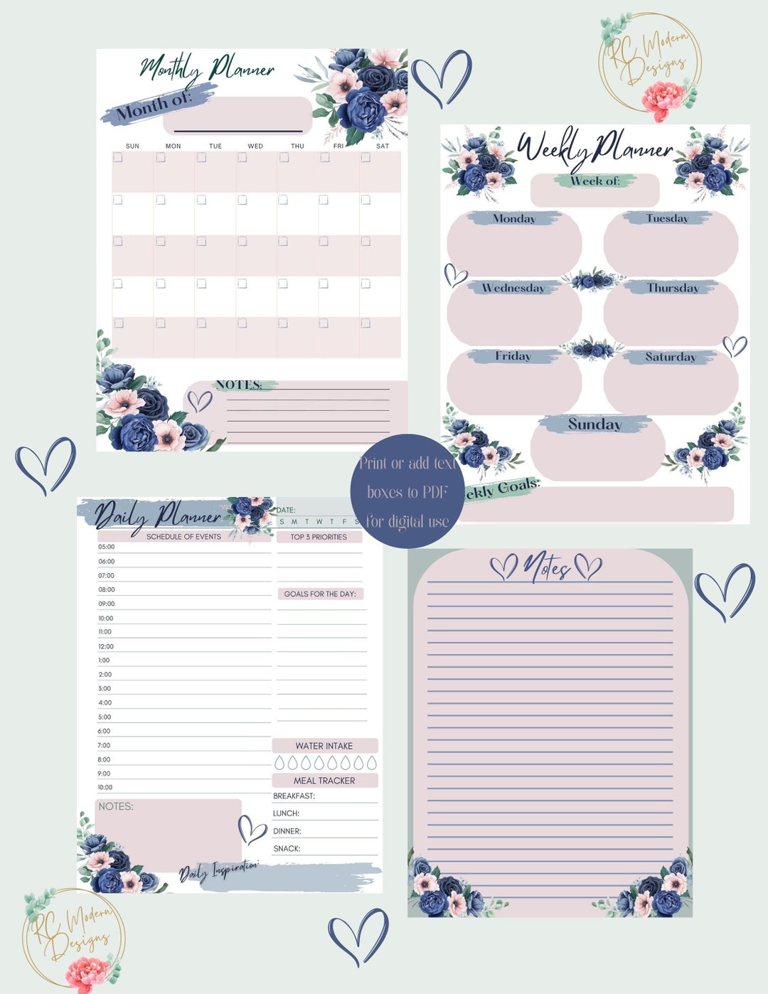 Printable Rose Planner Navy and Pink Roses Floral Monthly - Etsy