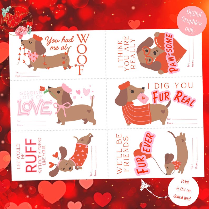 Kid Valentine Cards, Dog Valentine, Dachshund Valentine, Printable ...