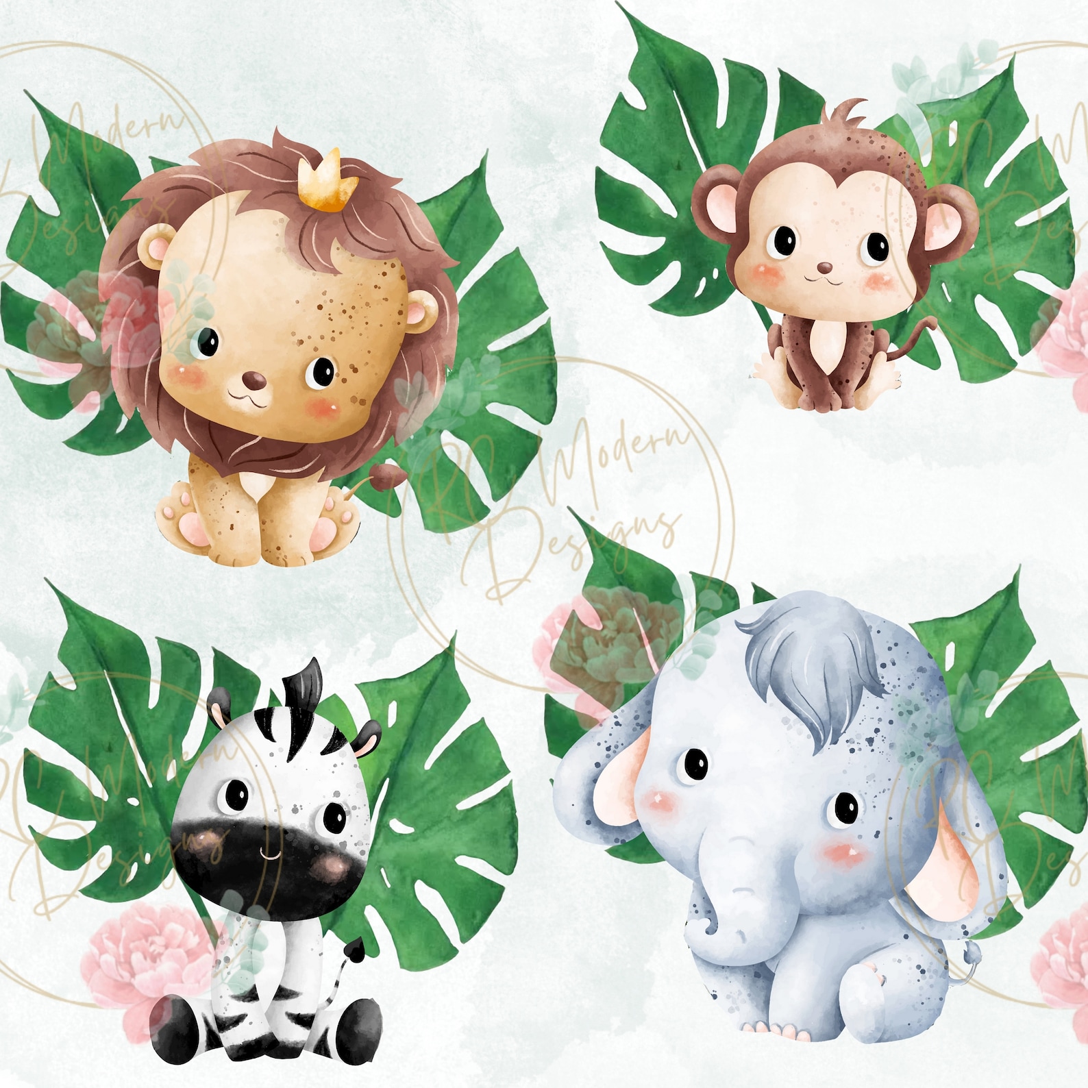 Watercolor Baby Safari Animal Clipart, Safari Animal Baby Nursery PNG ...