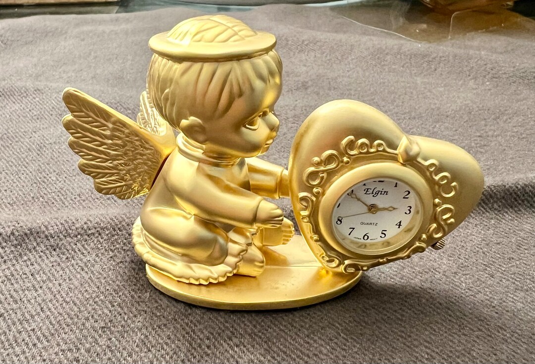 Vintage Elgin Mini Angel Baby Clock New Battery Replaced Original Box ...
