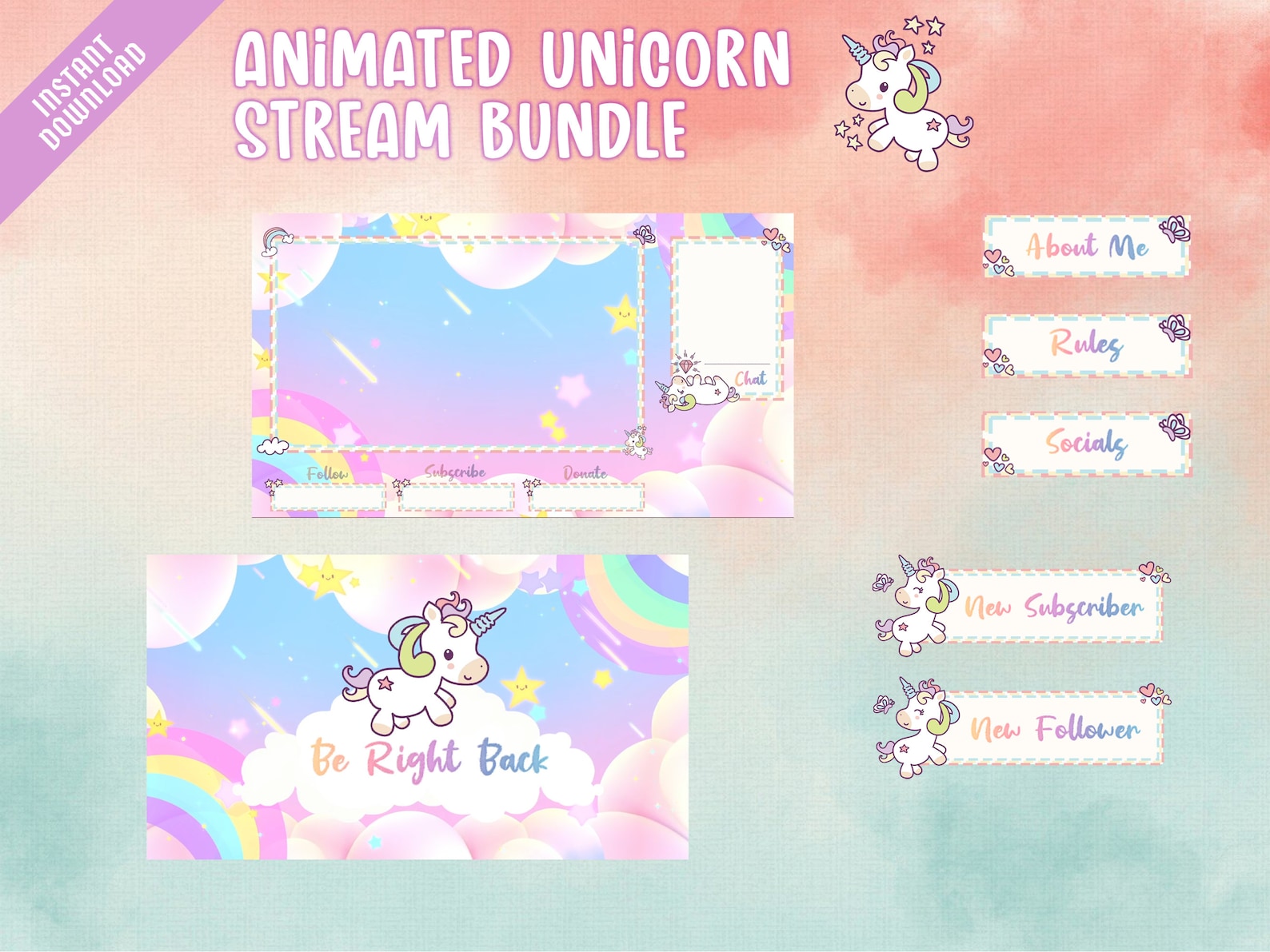 Animated Pastel Cute Unicorn Cloud Stream Overlay for Twitch / Youtube ...