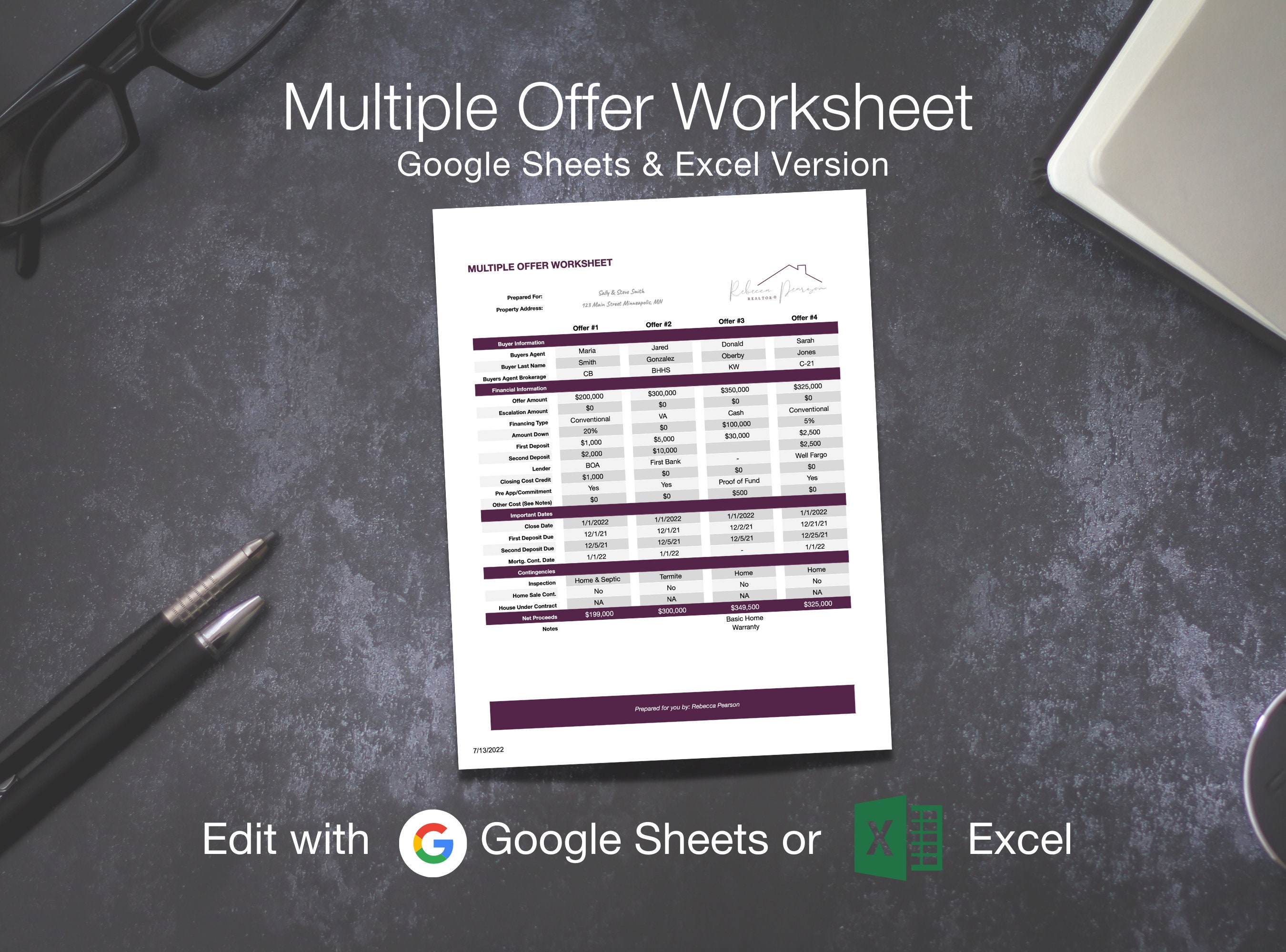 Multiple Offer Worksheet Template google Sheets and Excel ...