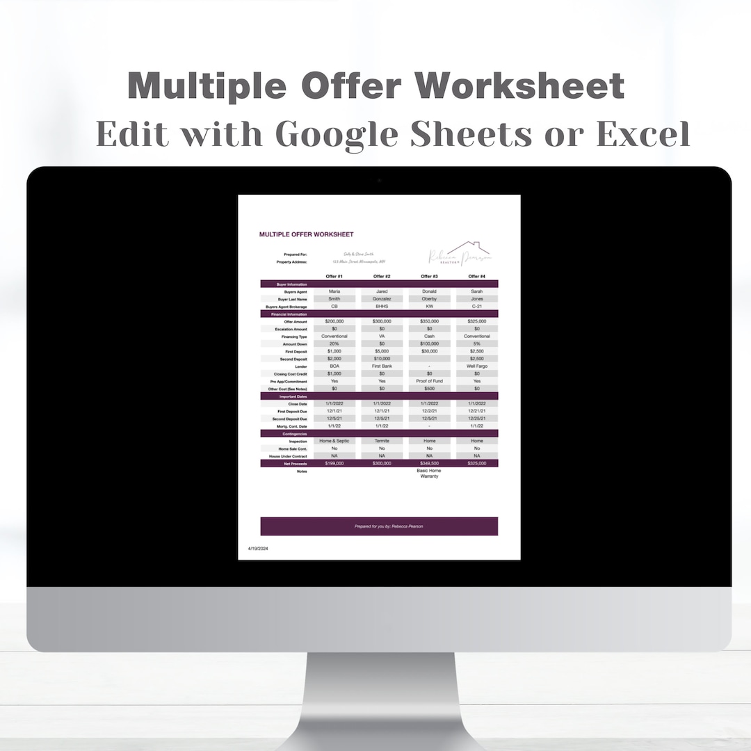 Multiple Offer Worksheet Template ︱google Sheets and Excel Template ...