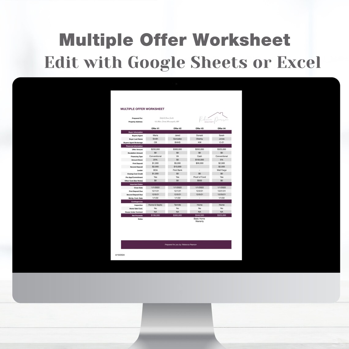 Multiple Offer Worksheet Template ︱google Sheets and Excel Template ...
