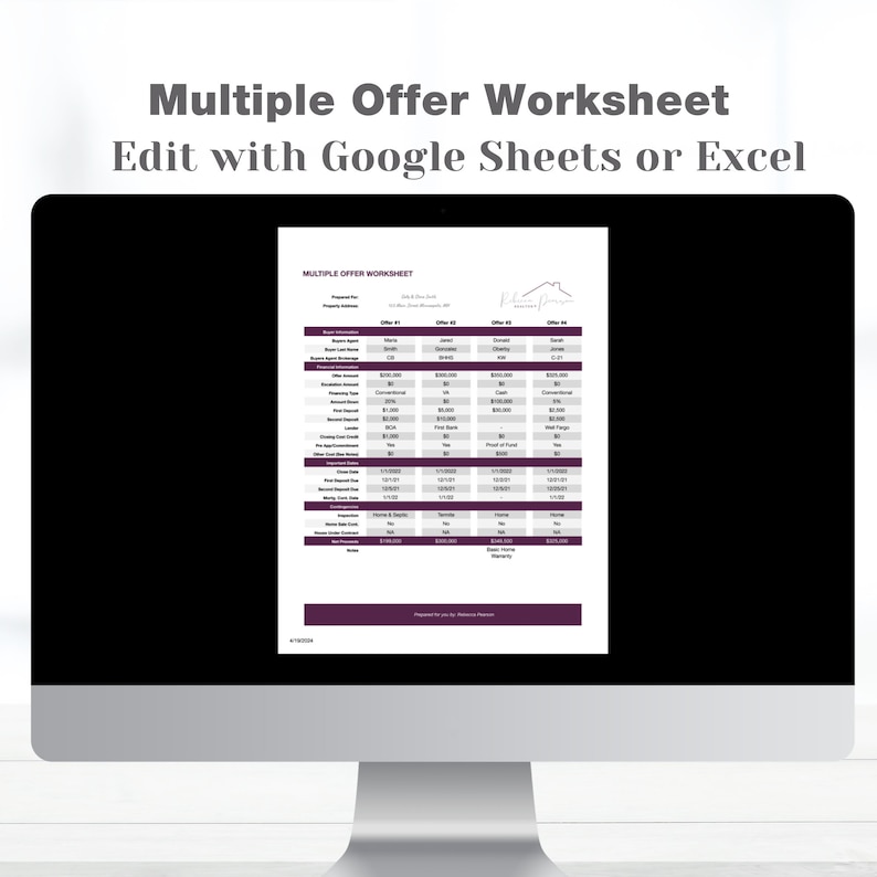 Multiple Offer Worksheet Template ︱google Sheets and Excel Template ...