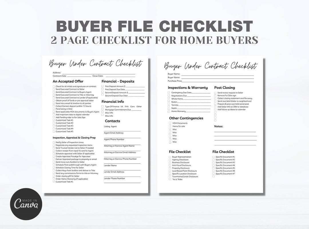 Realtor Buyer File Checklist: Under Contract & Sold (canva Template) - Etsy