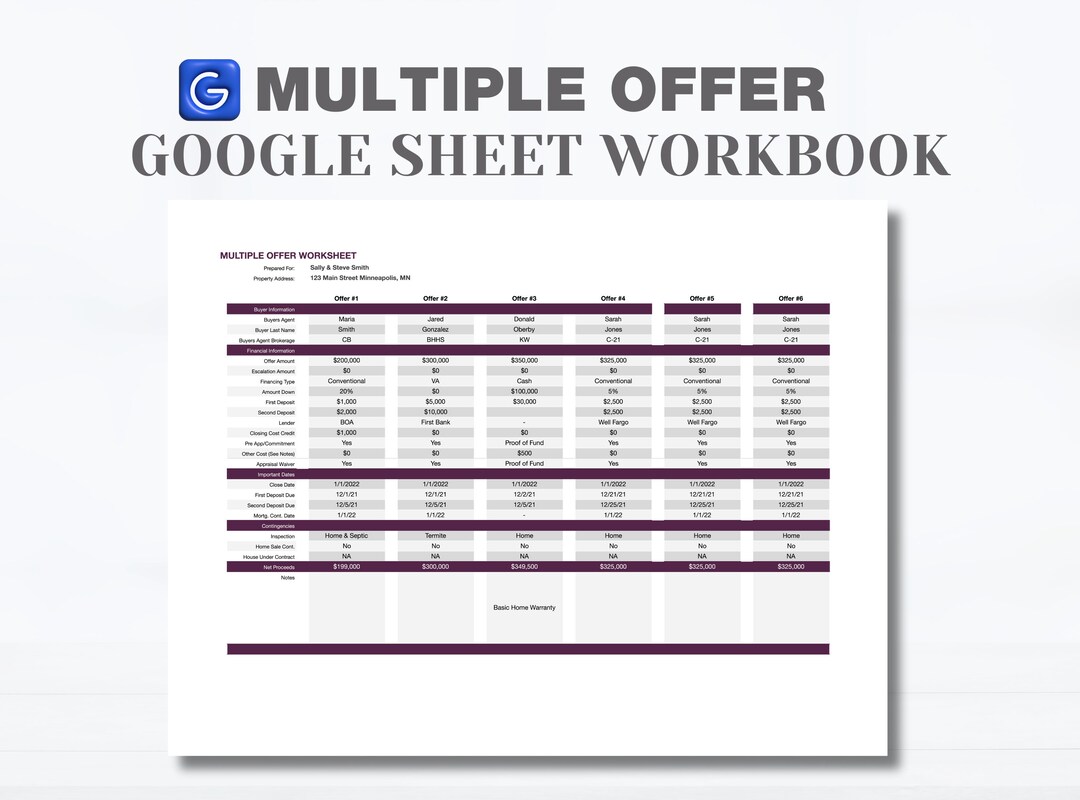 Multiple Offer Worksheet Template, Realtor Marketing, Seller Guide ...