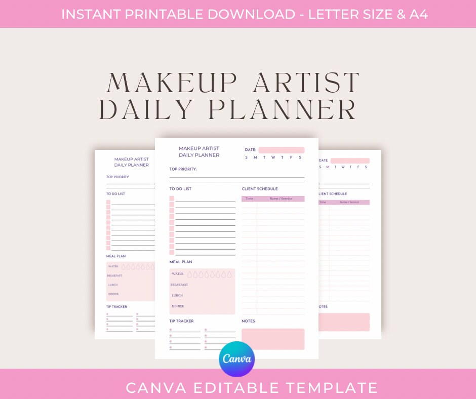 Makeup Artist Daily Planner Template 1 Page Elegant Minimalist Pink ...