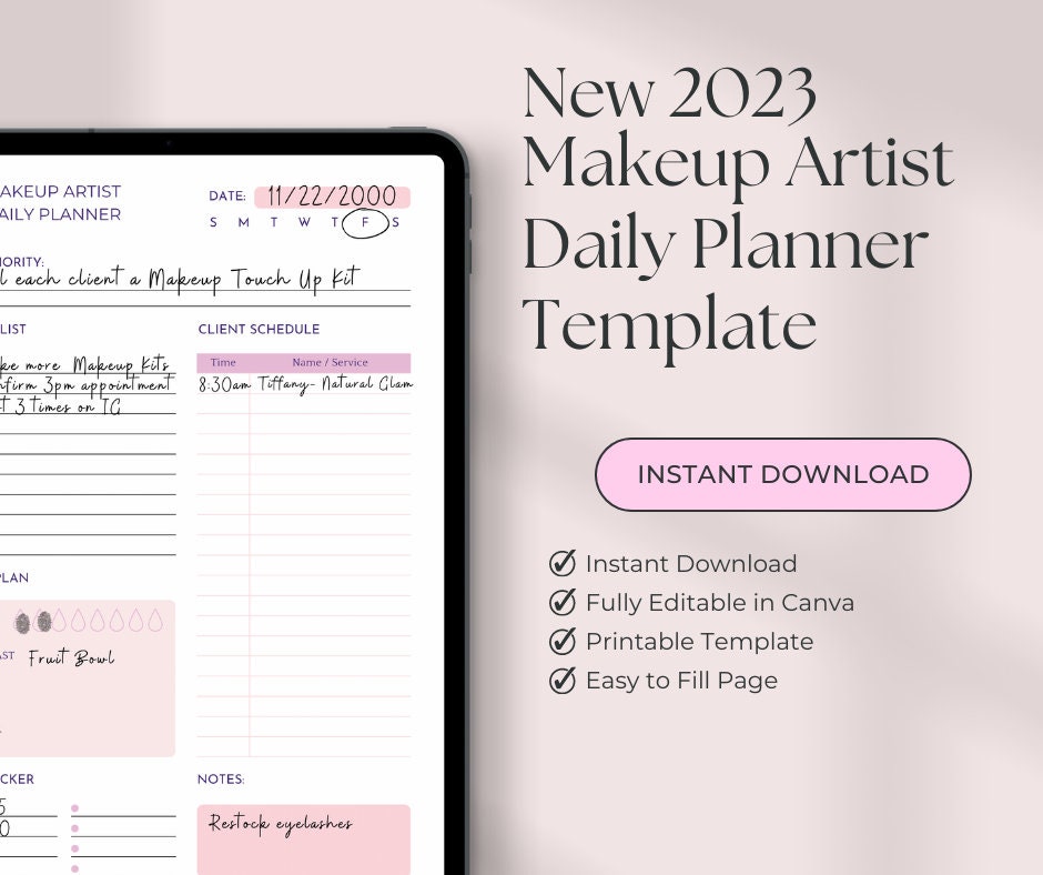 Makeup Artist Daily Planner Template 1 Page Elegant Minimalist Pink ...