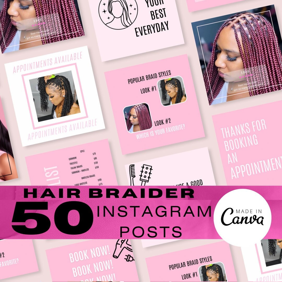 50 Hair Braider Instagram Engagement Posts Braiding Pink Square Canva