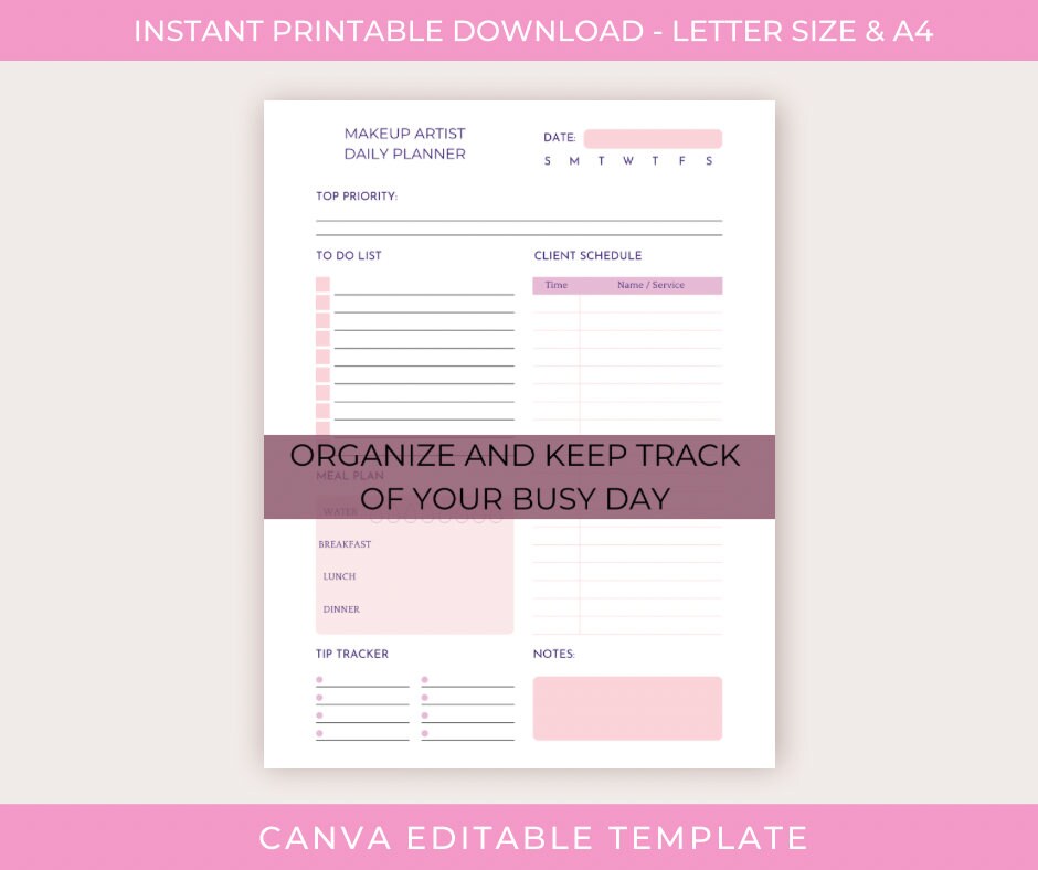Makeup Artist Daily Planner Template 1 Page Elegant Minimalist Pink ...