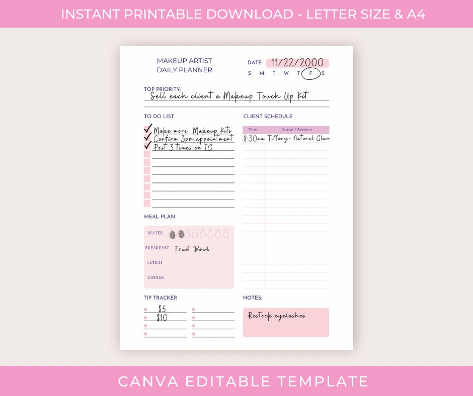 Makeup Artist Daily Planner Template 1 Page Elegant Minimalist Pink ...