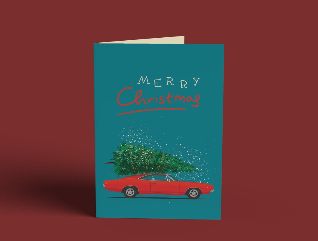 Red Car Christmas Card, Trendy Christmas Car, Christmas Card for ...
