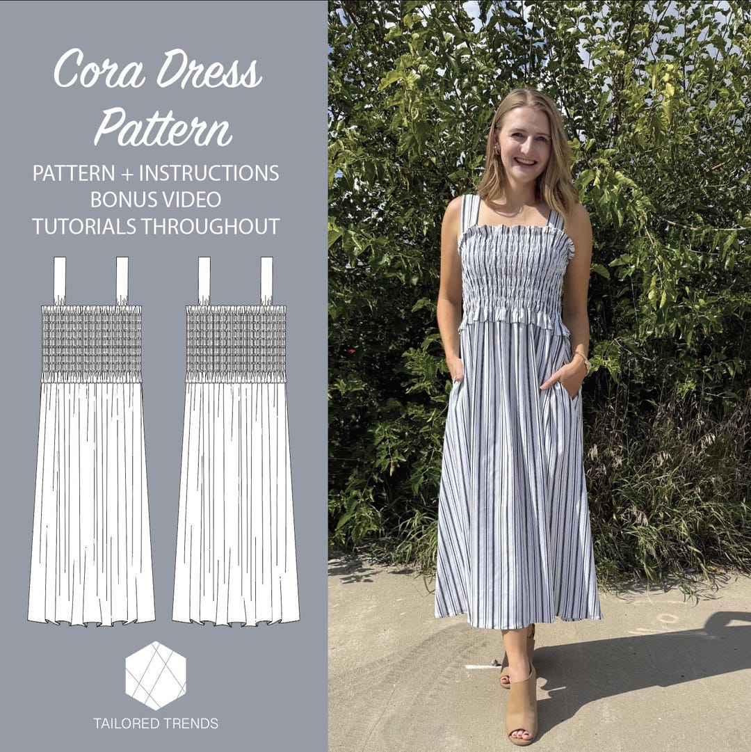 Cora Dress PDF Sewing Pattern | Romantic Shirred Bodice, A-line Dress ...