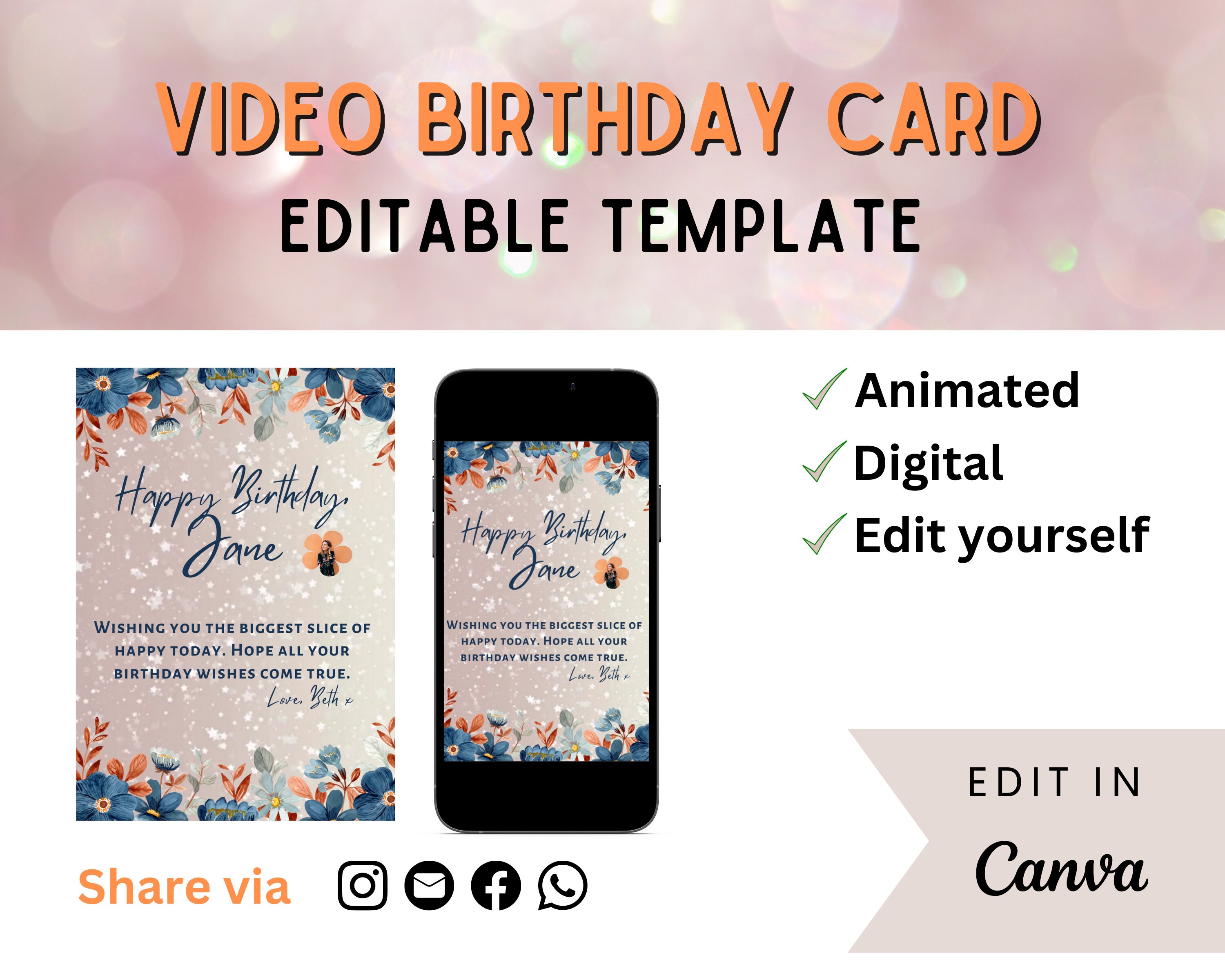 Editable Happy Birthday Card Template. Mobile Birthday Card. - Etsy