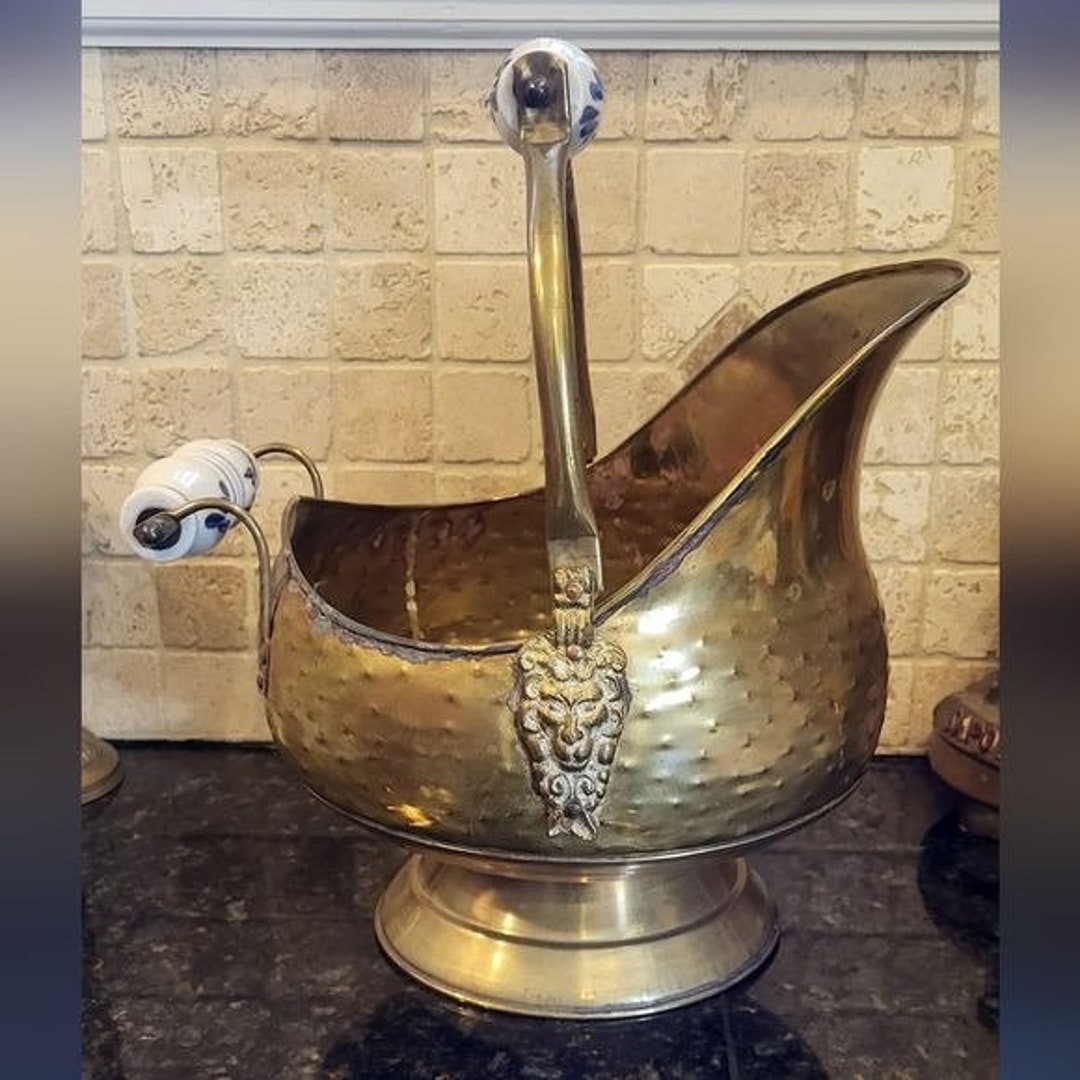 Antique Brass Coal Scuttle Bucket W/ Lion Decor and Ceramic Handles - Etsy