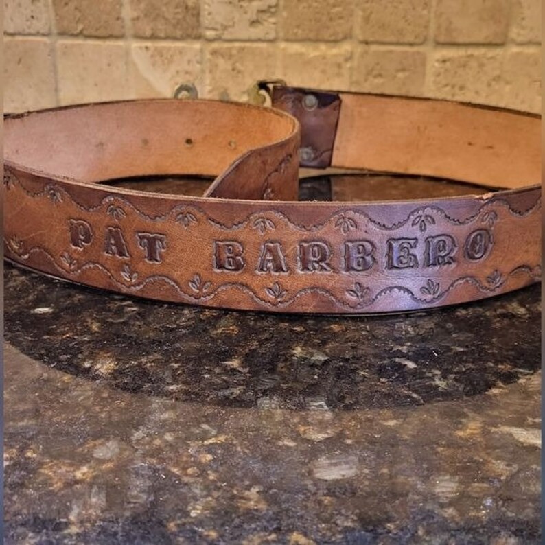 Vintage Tooled Brown Leather Belt W/ Brass Buckle and Previous Owners ...