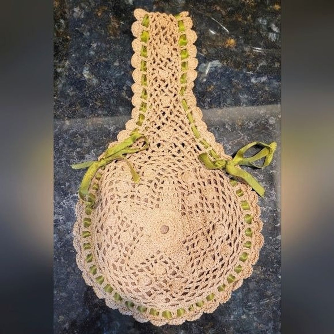 Antique Victorian Hand Crochet Reticule Purse Cream Lacework W/green ...