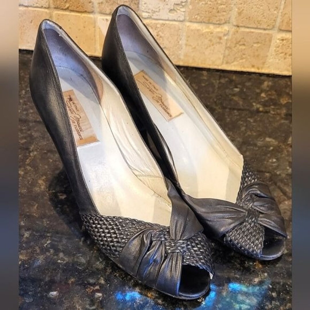 Vintage Sesto Meucci Black Leather Peep Toe Heels Made in Italy Size 8S ...