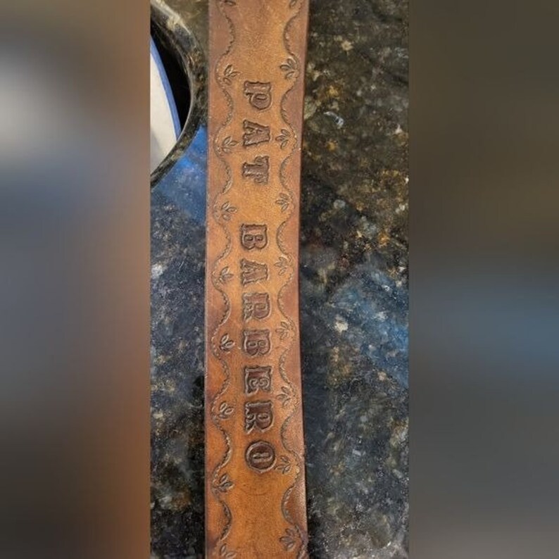 Vintage Tooled Brown Leather Belt W/ Brass Buckle and Previous Owners ...