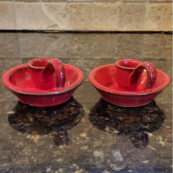 Pair of Signed Vintage Owen Pottery Famous Red Glazed Chamberstick ...