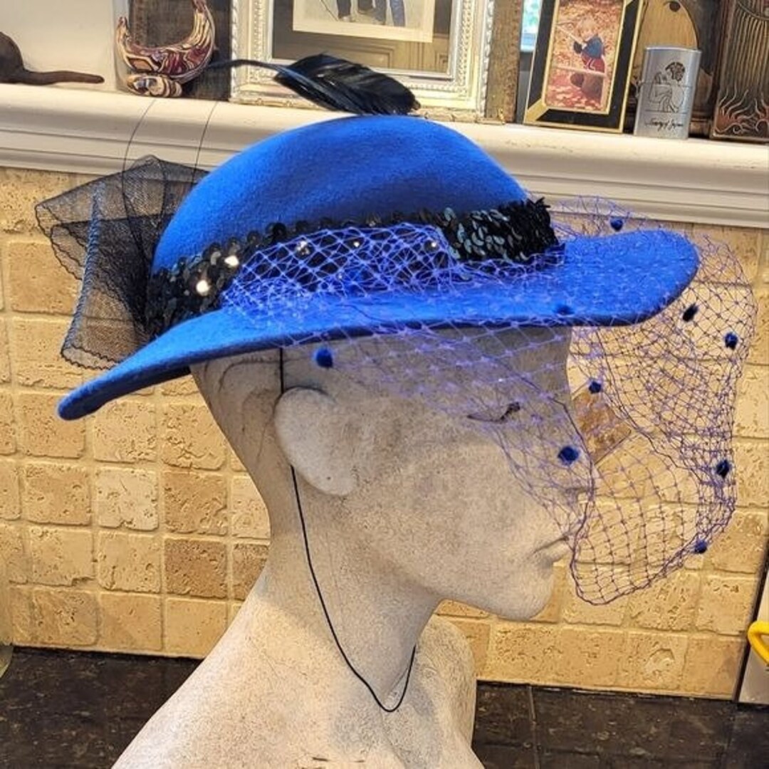 ED.W Bollman & Co Inc Doeskin Blue Felt Wool Hat W/ Feathers and Veil ...