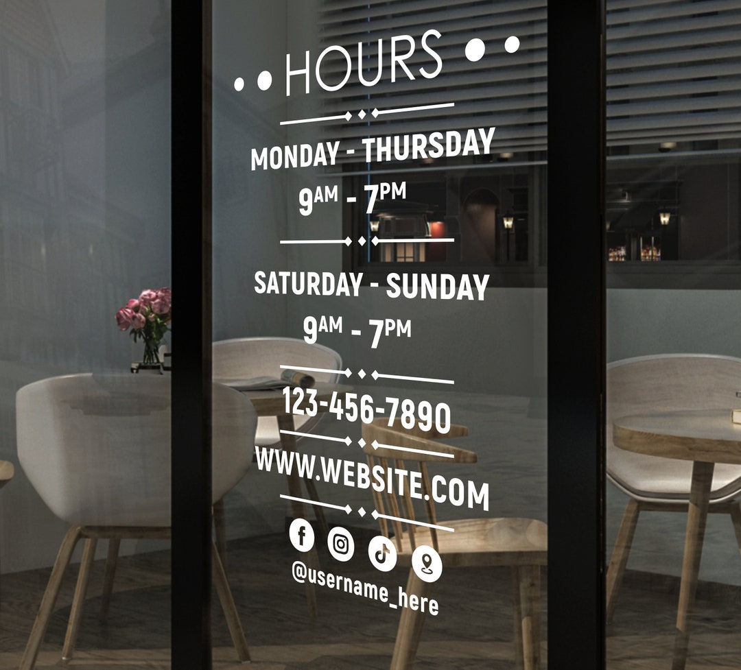 Store Hours Decal, Store Hours Sign, Store Hours Sticker, Hours of ...