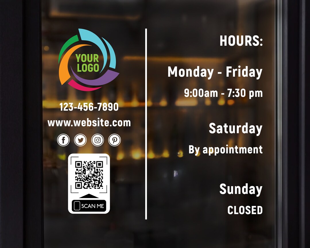 Personalized Store Hours Decal - Full Color Logo - QR Code - Hours of ...