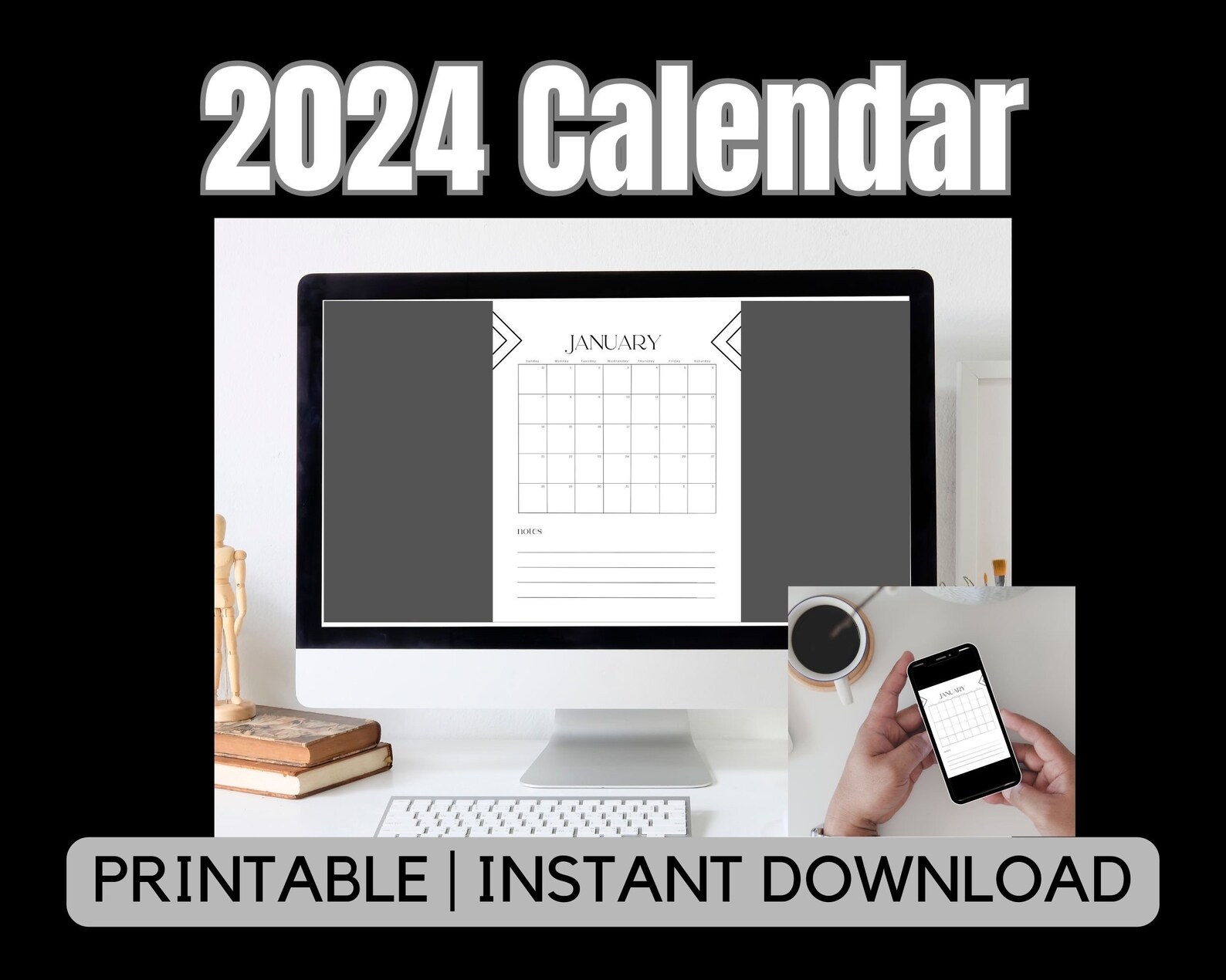 2024 Calendar PRINTABLE | Simple Design With Notes Area on Each Month ...