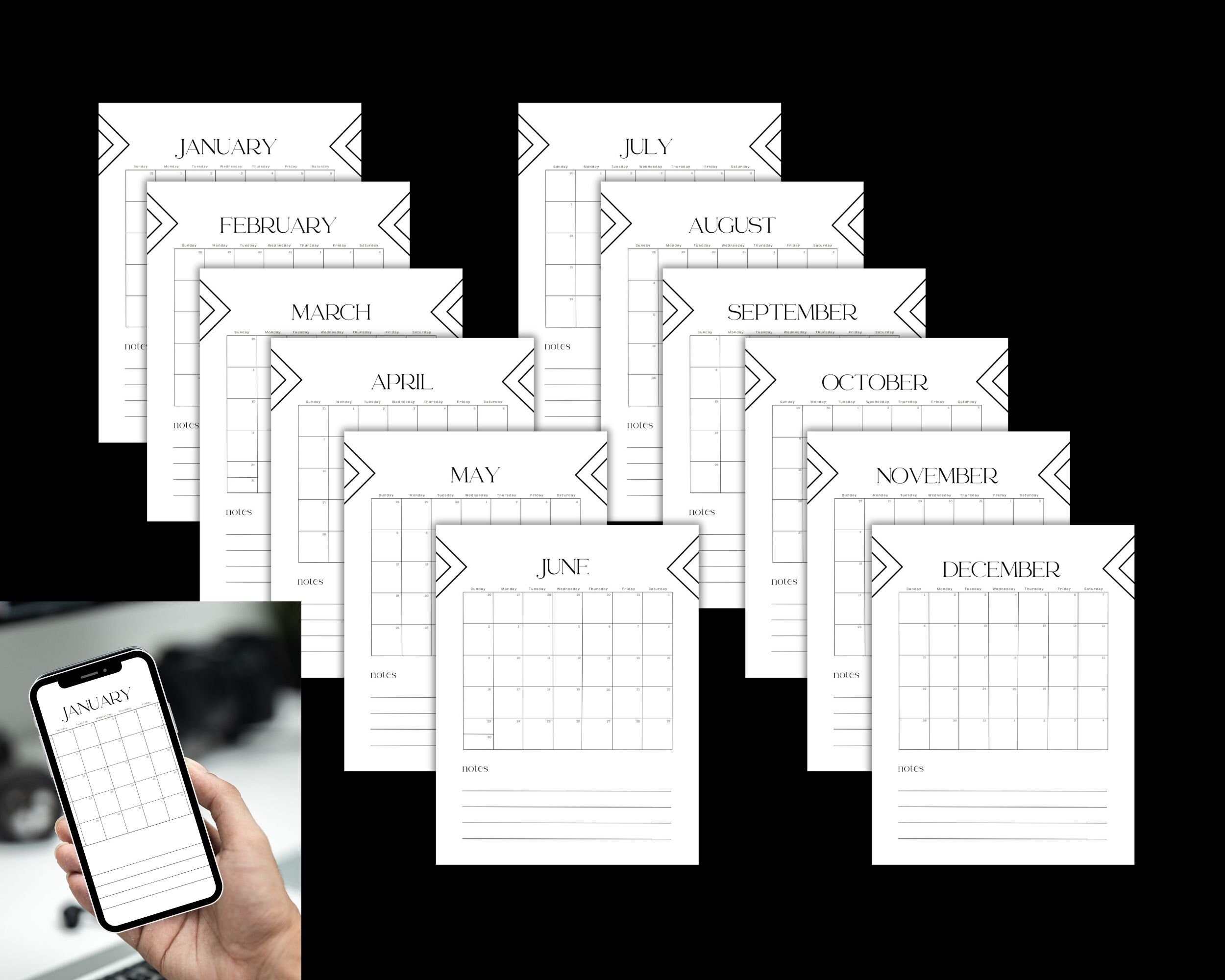 2024 Calendar PRINTABLE | Simple Design With Notes Area on Each Month ...