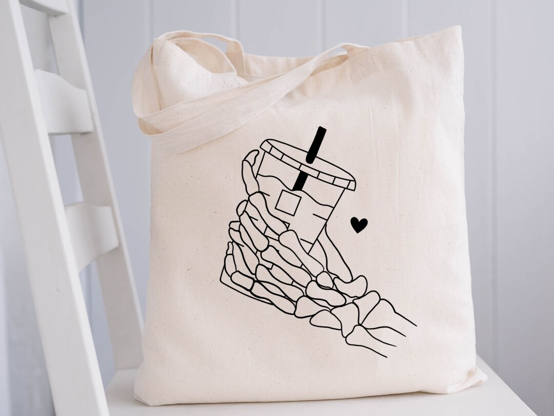 Iced Coffee Skeleton Hand Tote Bag, Canvas Tote Bag, Coffee Tote Bag ...