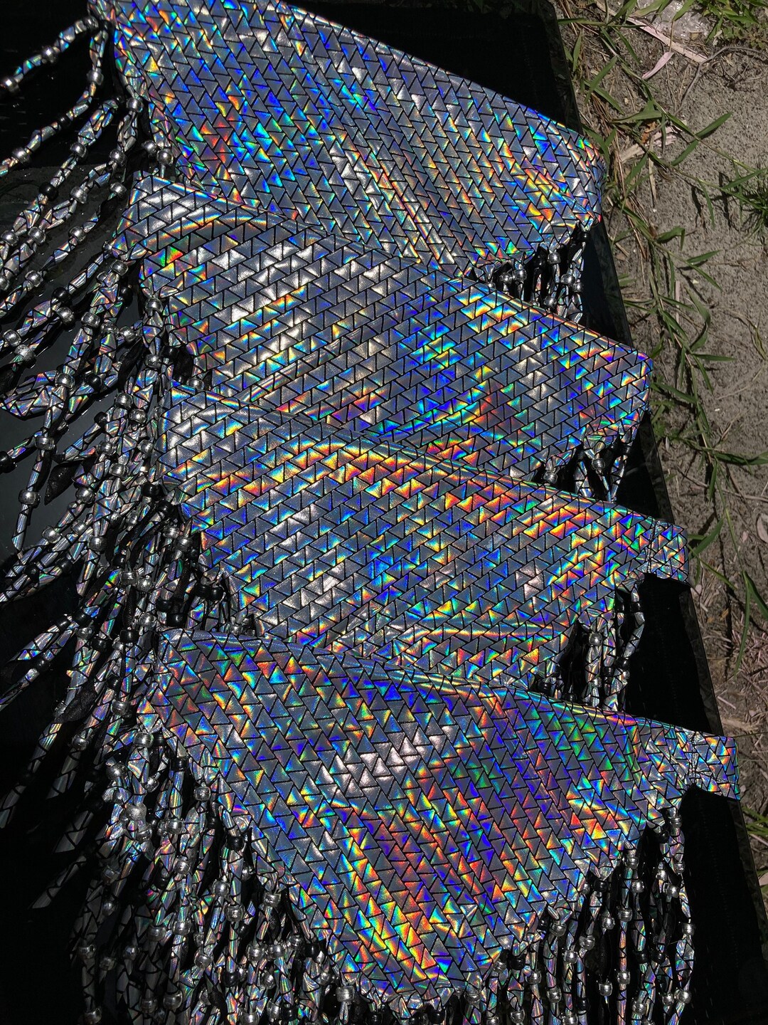 Holographic Rave Bandana - Festival Bandana With Bead Fringe - Etsy