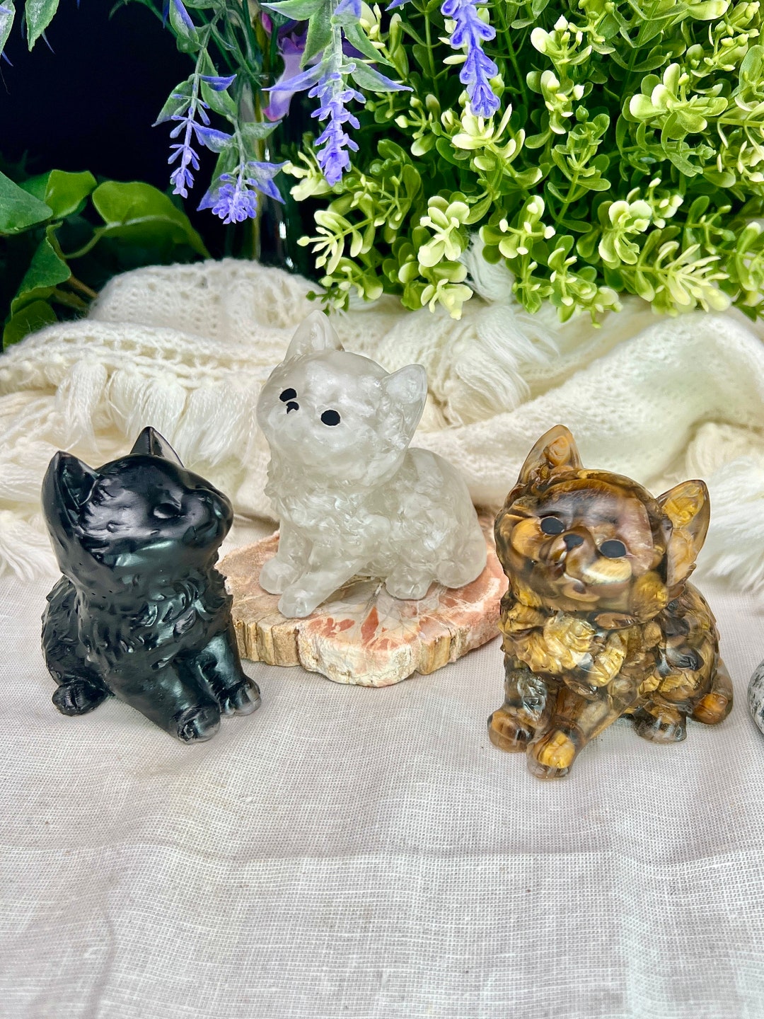 Kitten Crystal Chip and Resin Figurine, Kitty Statue, Obsidian, Quartz ...