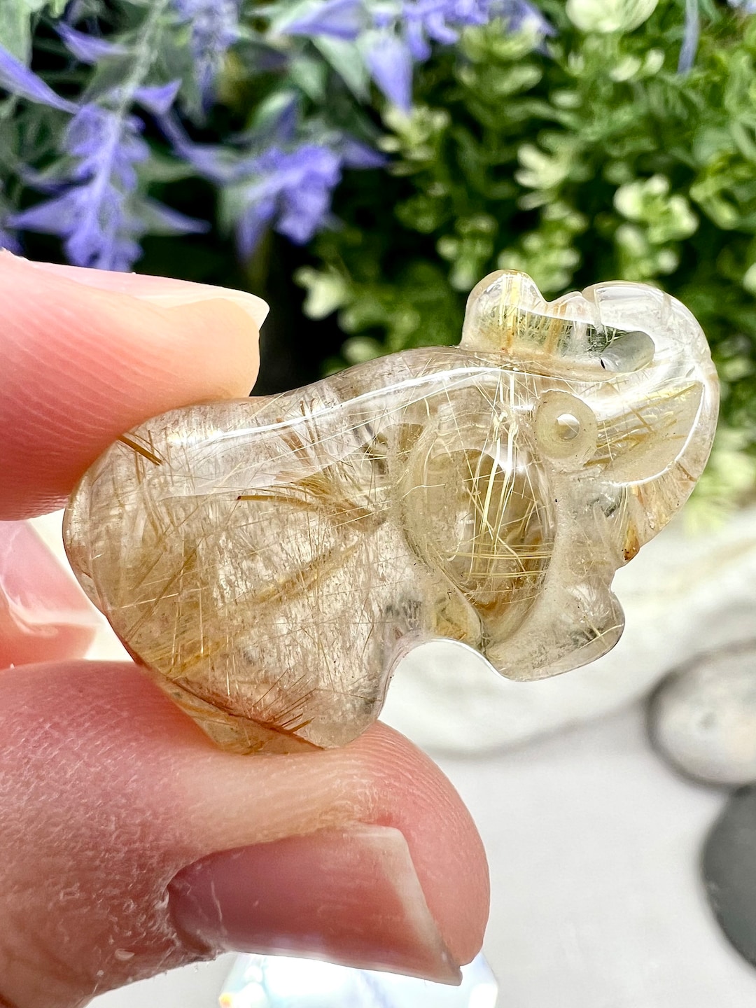Mini Rutile Quartz Elephant Carvings, Included Quartz Crystal, Animal ...