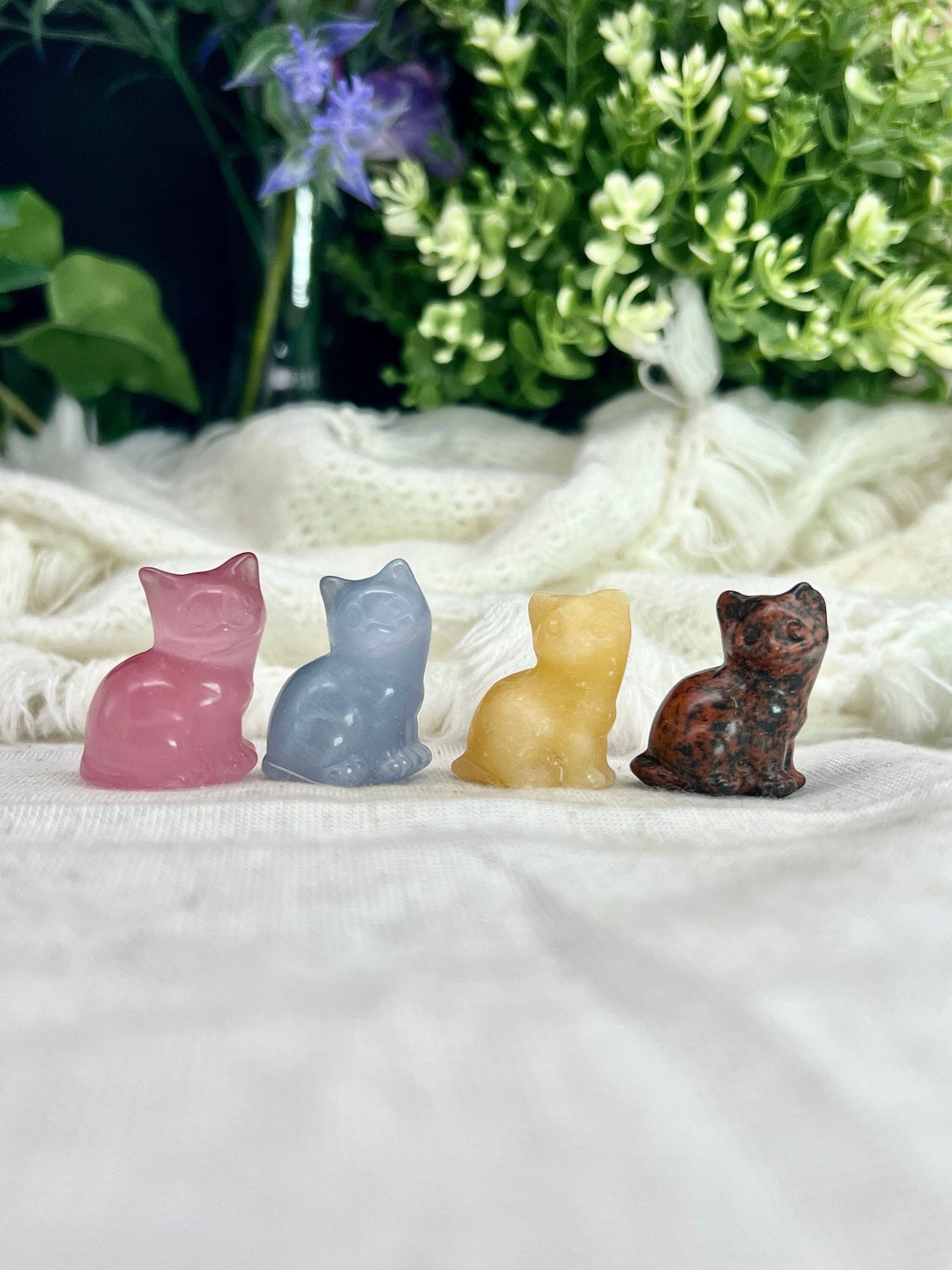 Cat Crystal Carving, Cats Eye, Yellow Calcite, Mahogany Obsidian ...