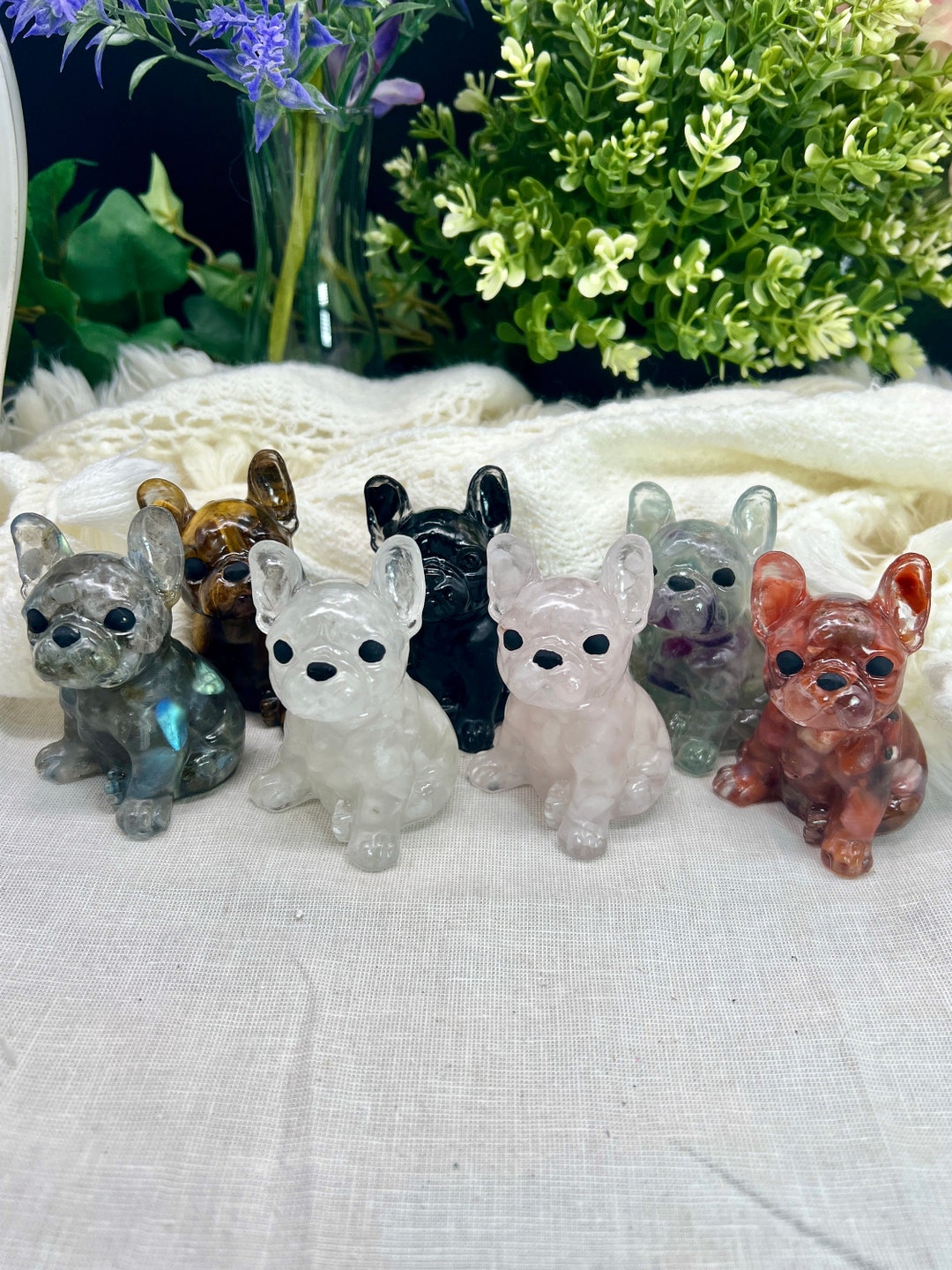 Frenchie Bulldog, Crystal Chip and Resin Figurine, Quartz, Obsidian ...
