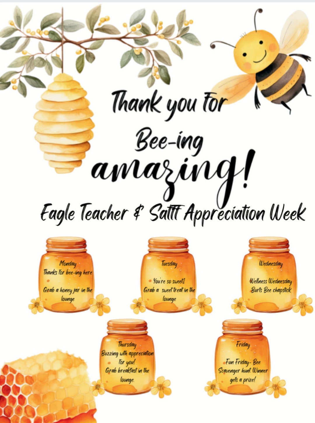 Bee Theme Teacher and Staff Appreciation Week Flyer Editable Printable ...