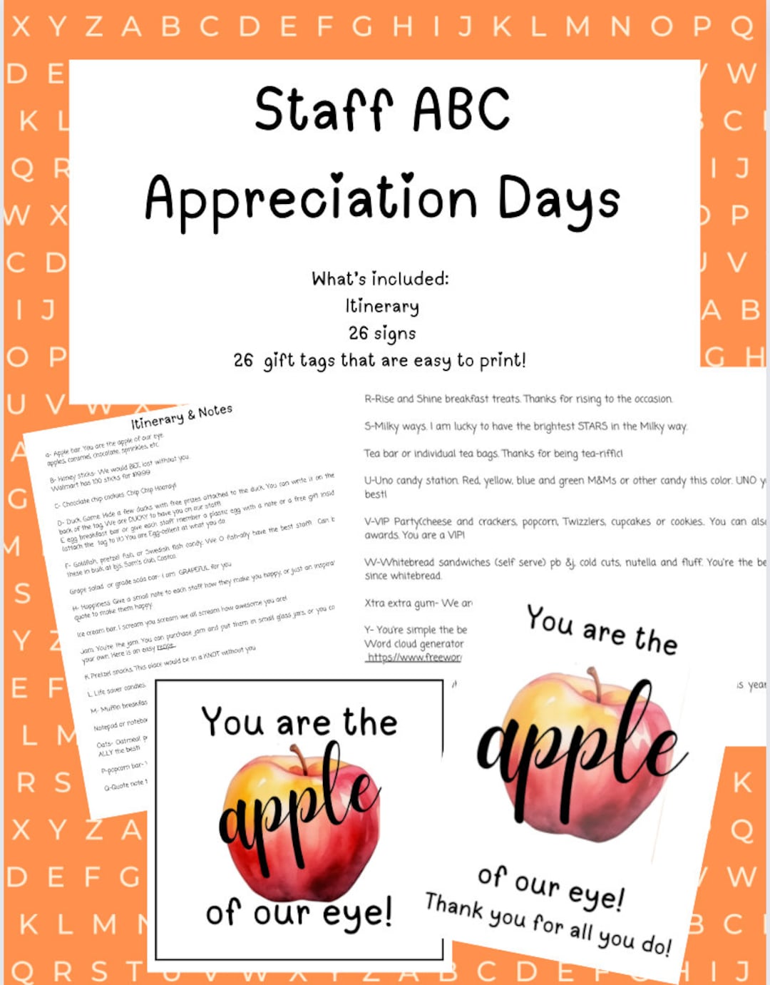 Staff Appreciation Bundle for Letters a to Z. Signs and Gift Tags ...