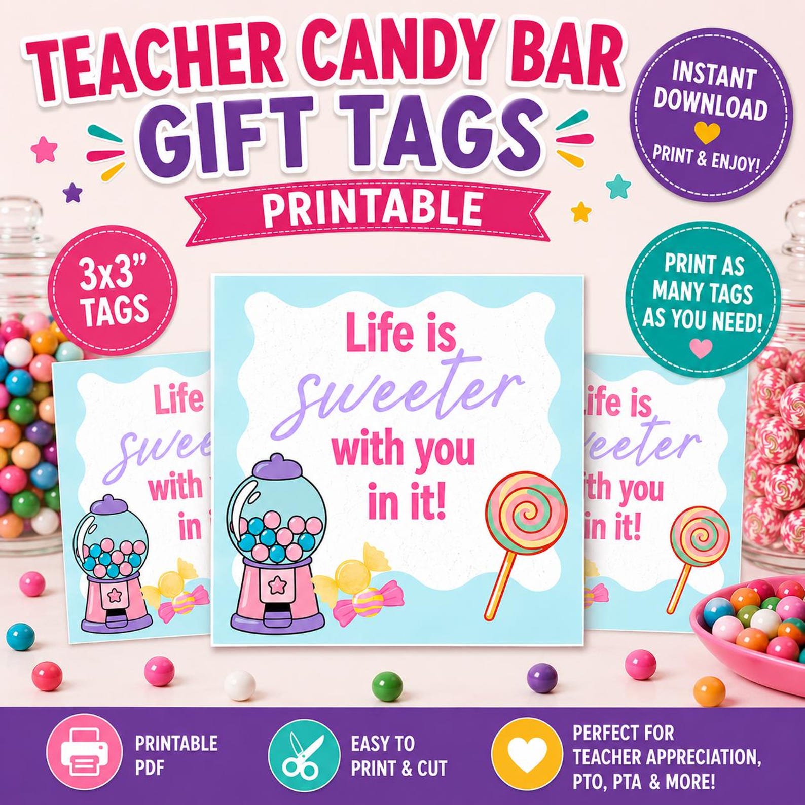Teacher Appreciation Gift Tags Printable, Candy Bar Tags, Sweet Teacher ...